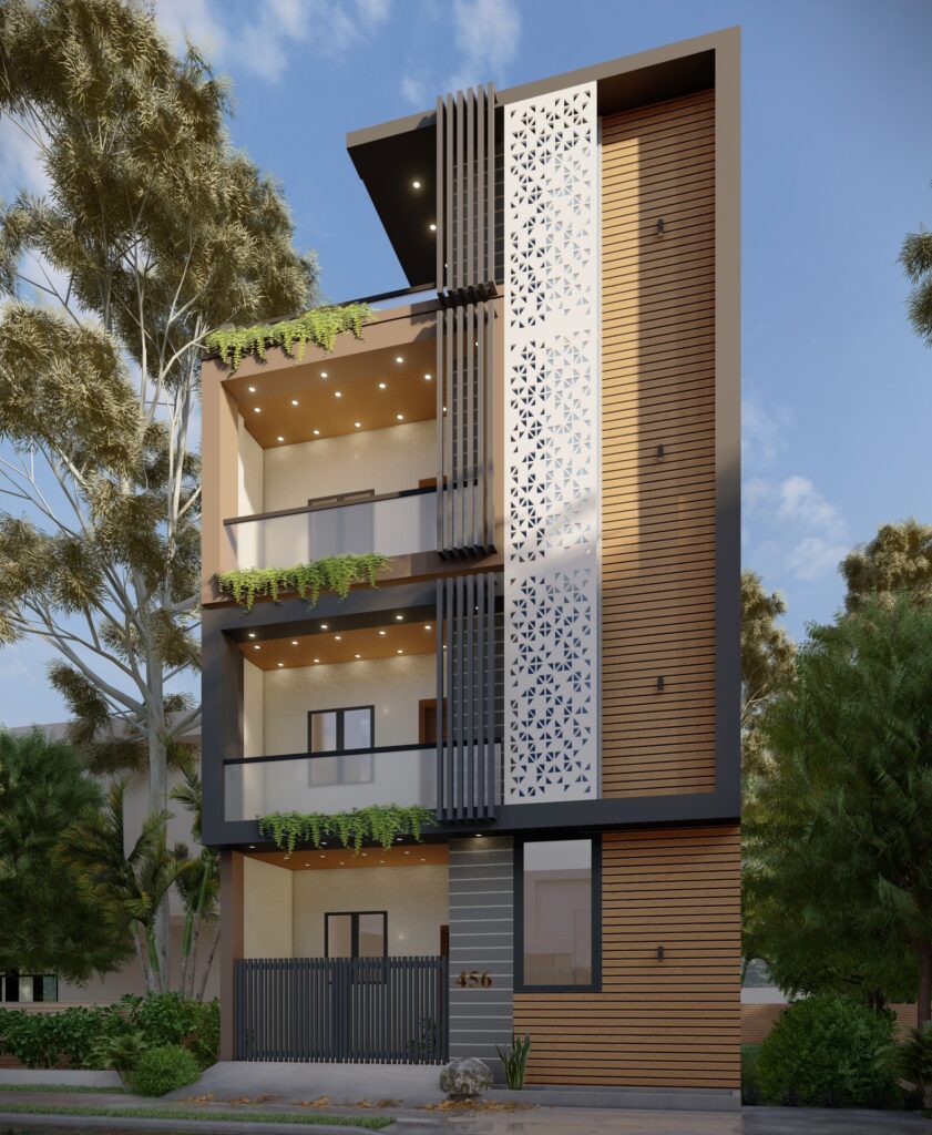Front Elevation Design For 3 Floor 20x50 House - Samasthiti Constructions